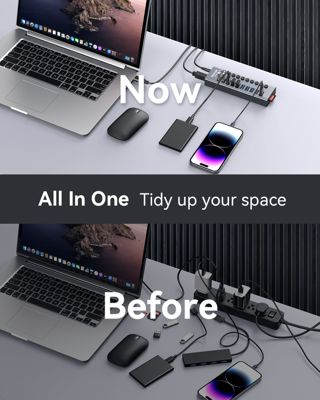 WENTER Powered USB Hub with SD/TF Card Reader, Aluminum 10 Port Powered ...