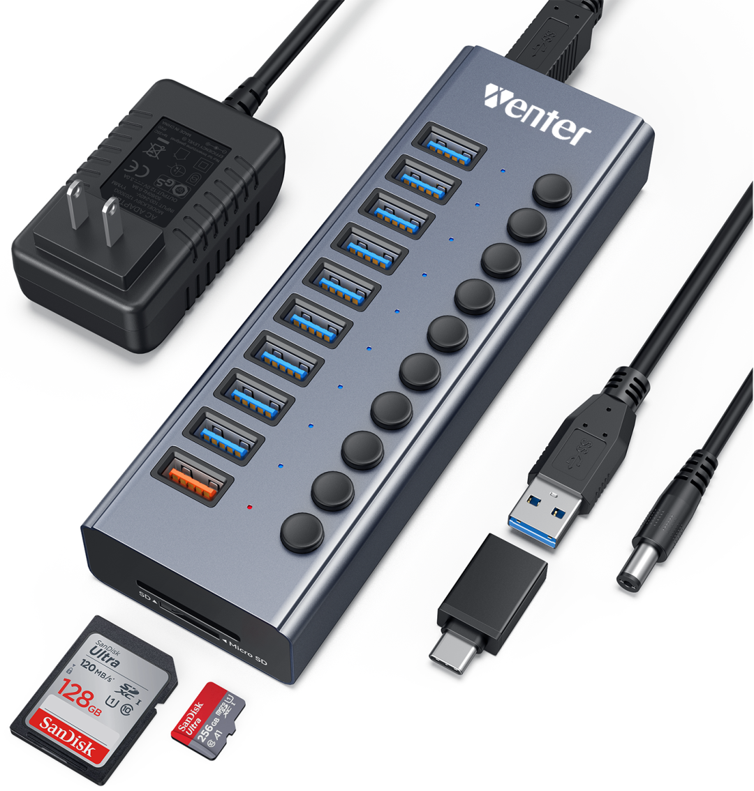 WENTER Powered USB Hub with SD/TF Card Reader, Aluminum 10 Port Powered ...