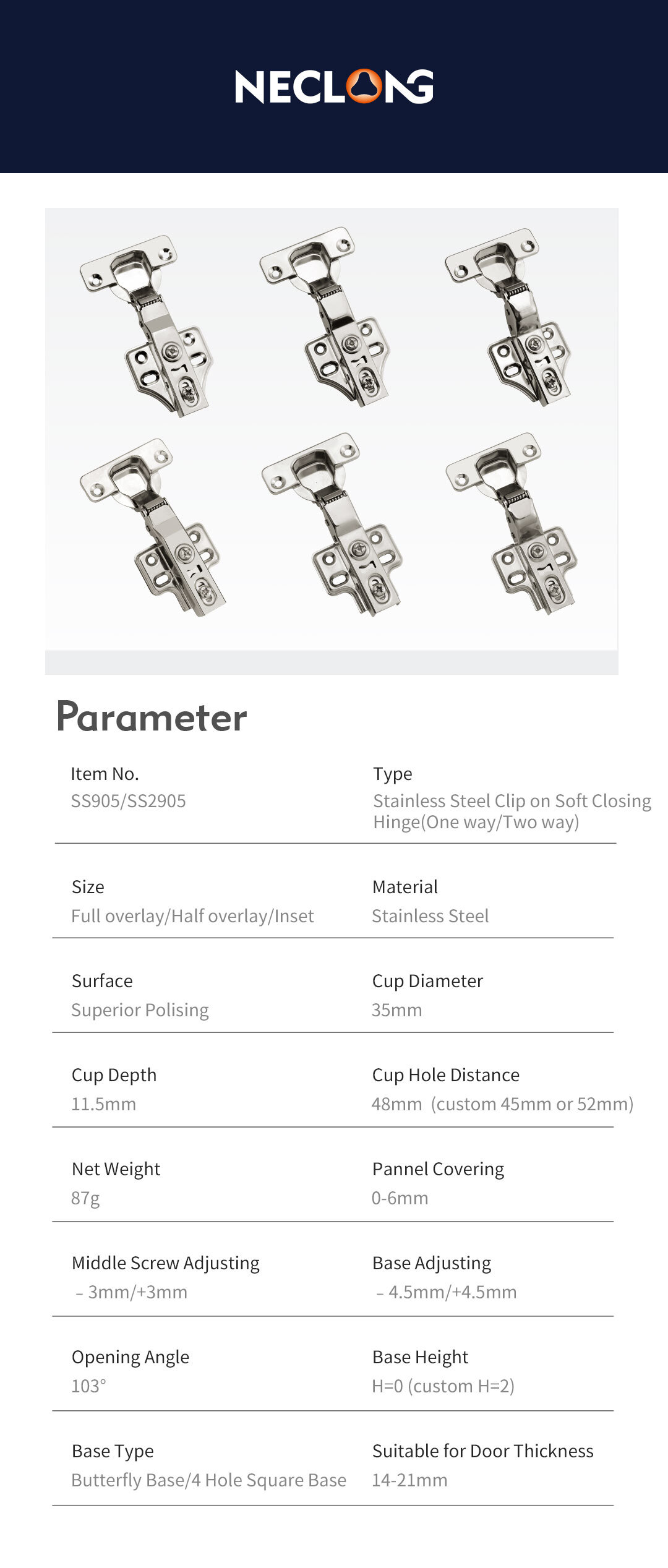 Stainless steel 201 Fix Base Soft Closing Hinge Full Overlay Hydraulic ...