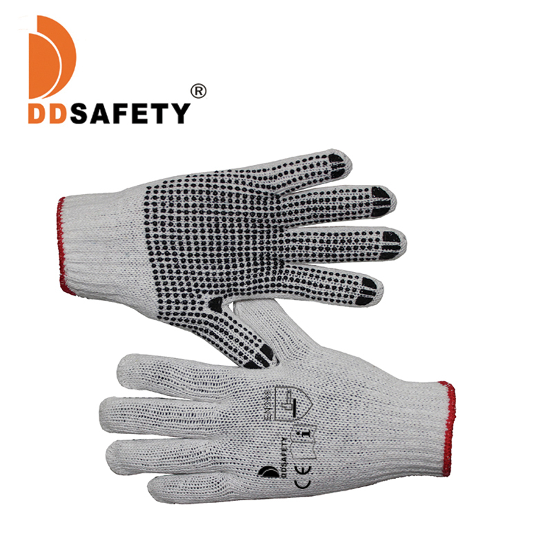 White Cotton polyester PVC Dotted String Knit work Gloves black pvc ...