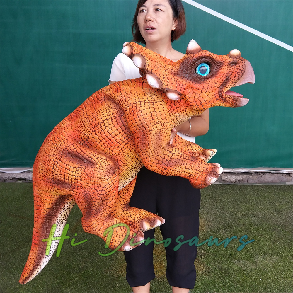 Lifelike Orange Triceratops Baby Dino Puppet | Hi Dinosaurs