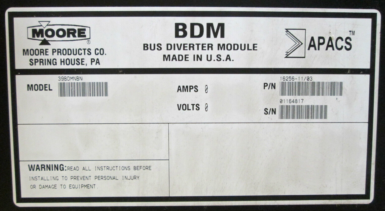 Siemens Moore BDM APACS Bus Diverter Module 39BDMNBN 16256-11/03 PLC