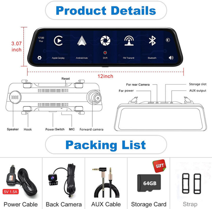 12" Smart Rear View Mirror DashCam Wireless Apple CarPlay Android Auto ...
