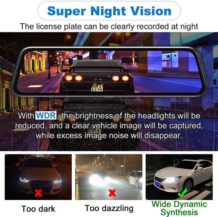 12" Smart Rear View Mirror DashCam Wireless Apple CarPlay Android Auto ...