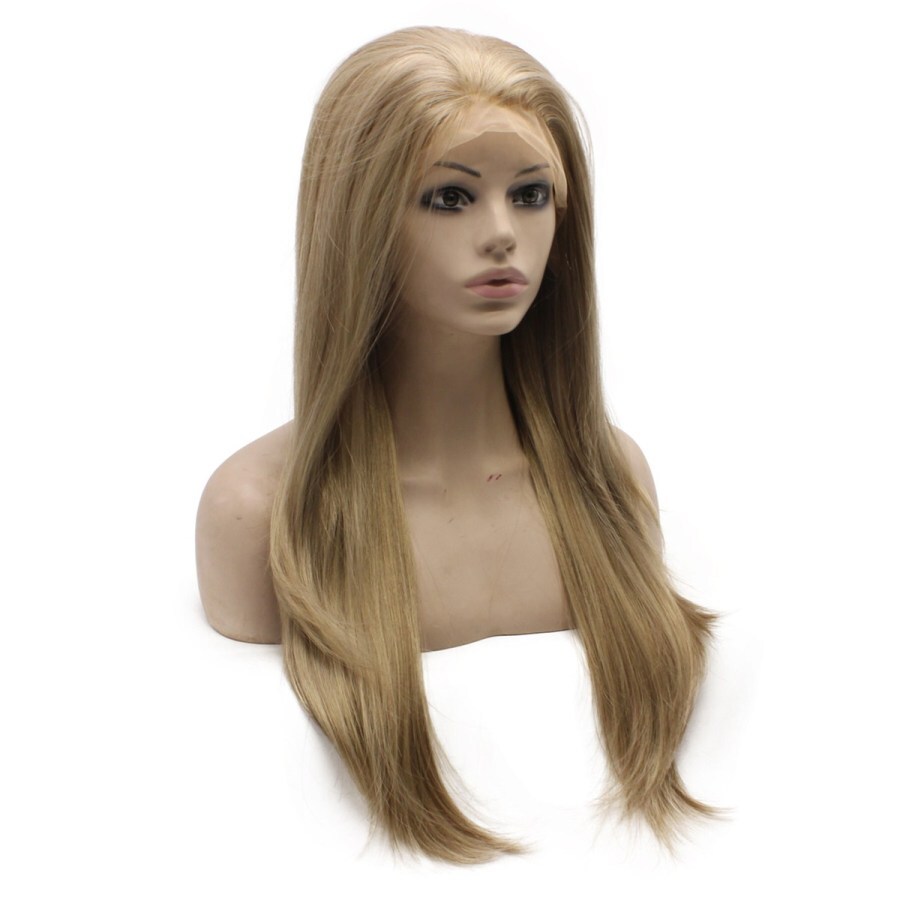 Extra long brown Straight Ash Blonde Realistic Lace Front Wig Synthetic