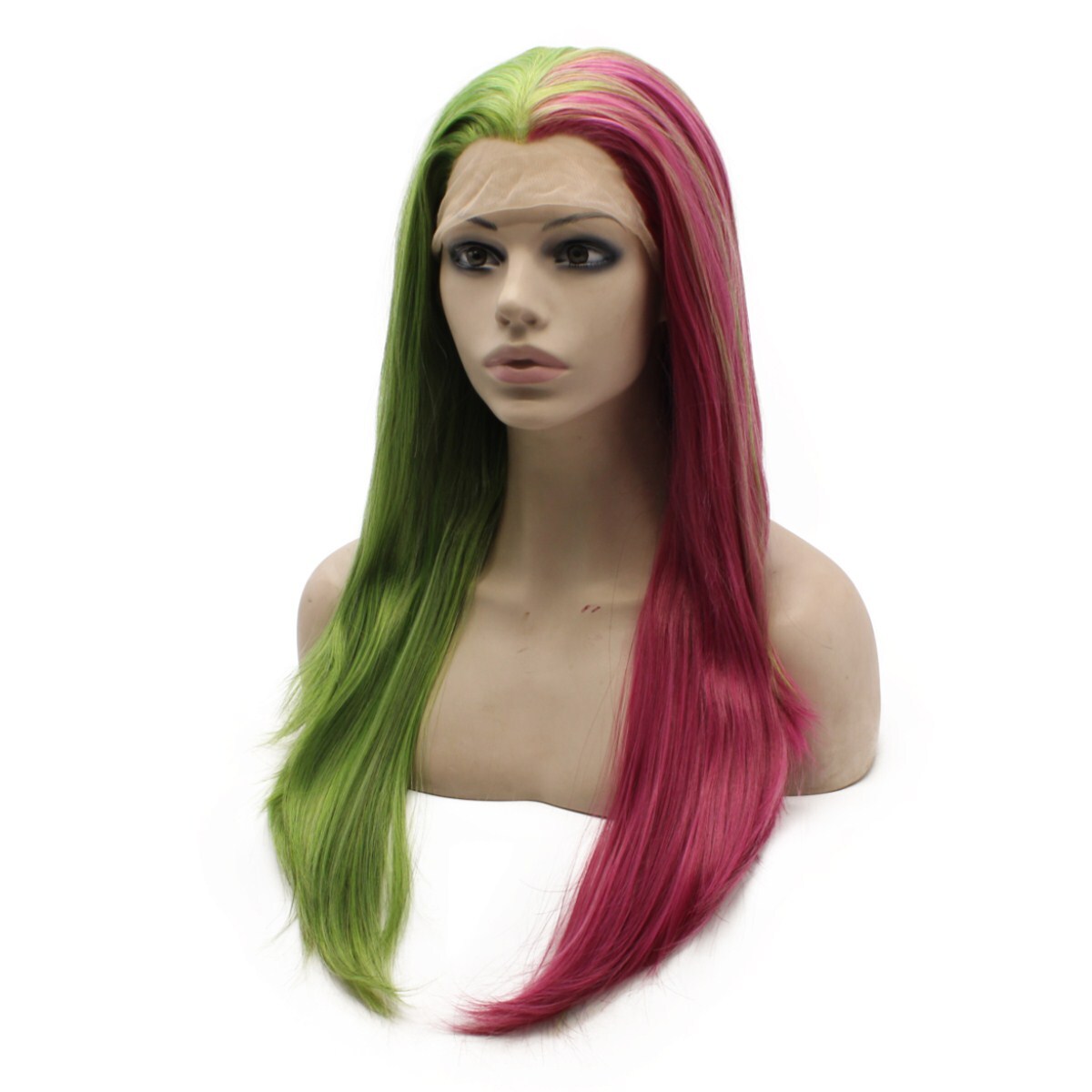 Red Green Split Long Straight Synthetic Wig fluorescent wig