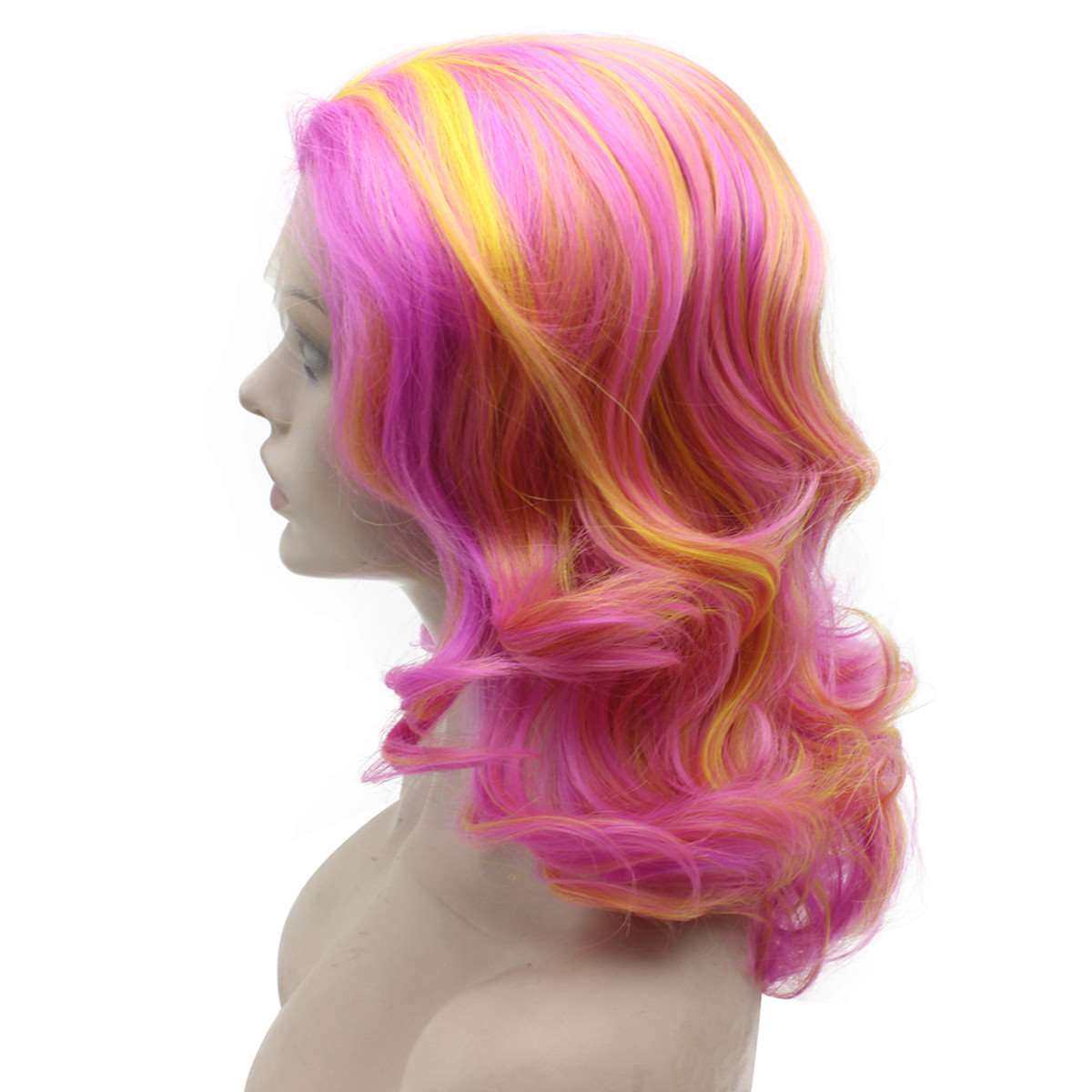 Shoulder Length Pink Yellow Mix Wig Synthetic Lace Front Wavy Wig ...