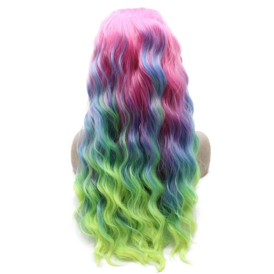 Long Wavy Pink Green Blue Mix Synthetic Lace Front Rainbow Color Wig ...