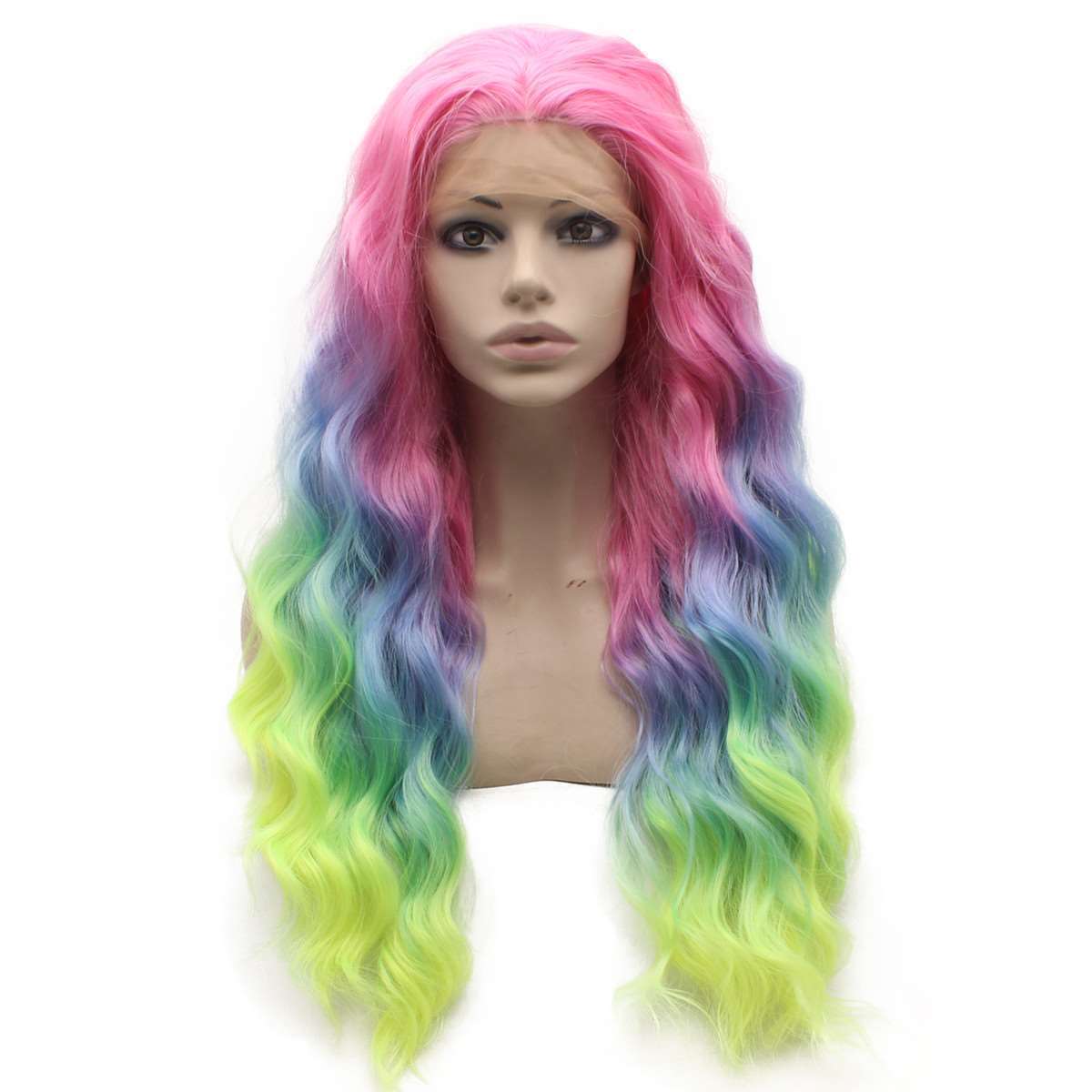 Long Wavy Pink Green Blue Mix Synthetic Lace Front Rainbow Color Wig ...