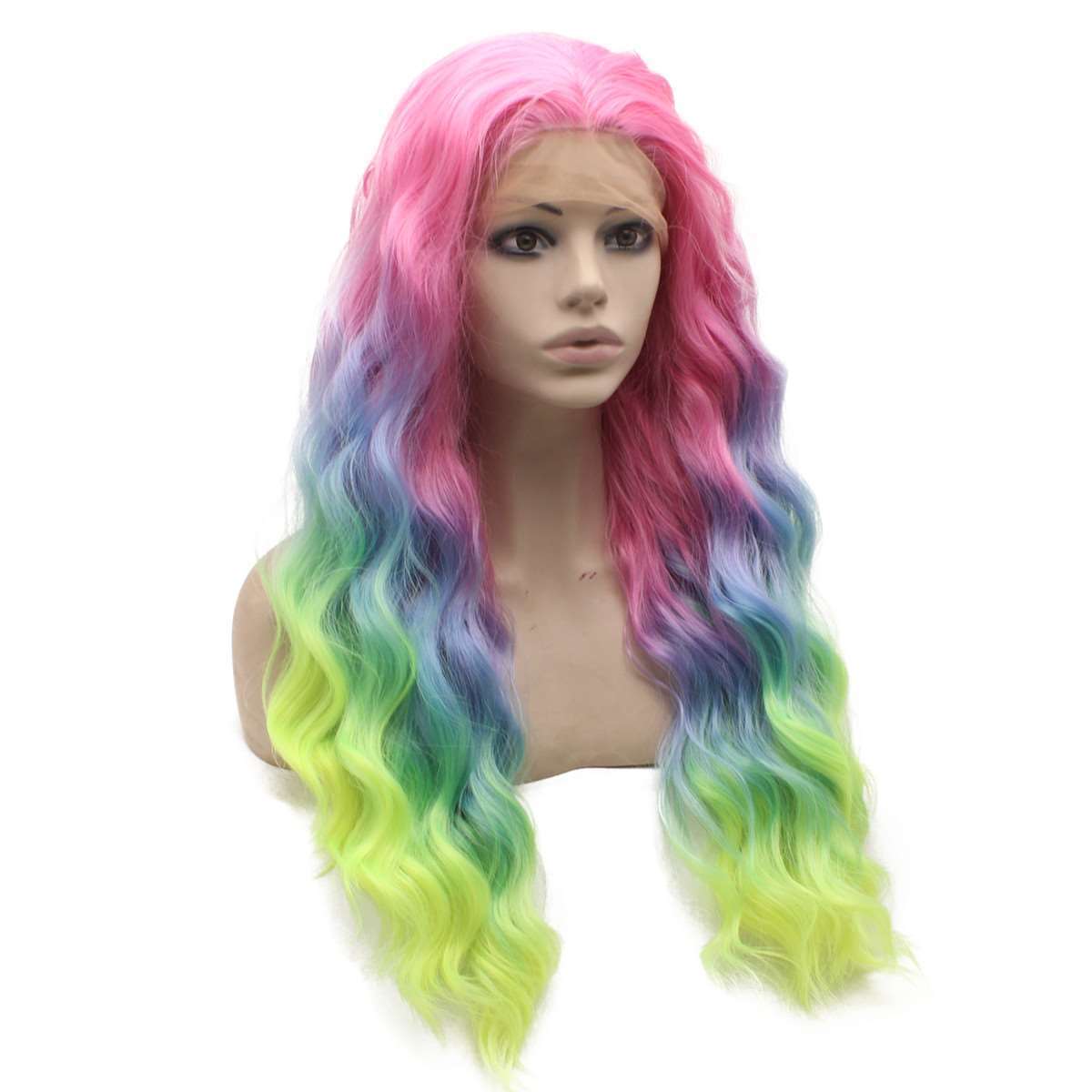 Long Wavy Pink Green Blue Mix Synthetic Lace Front Rainbow Color Wig ...