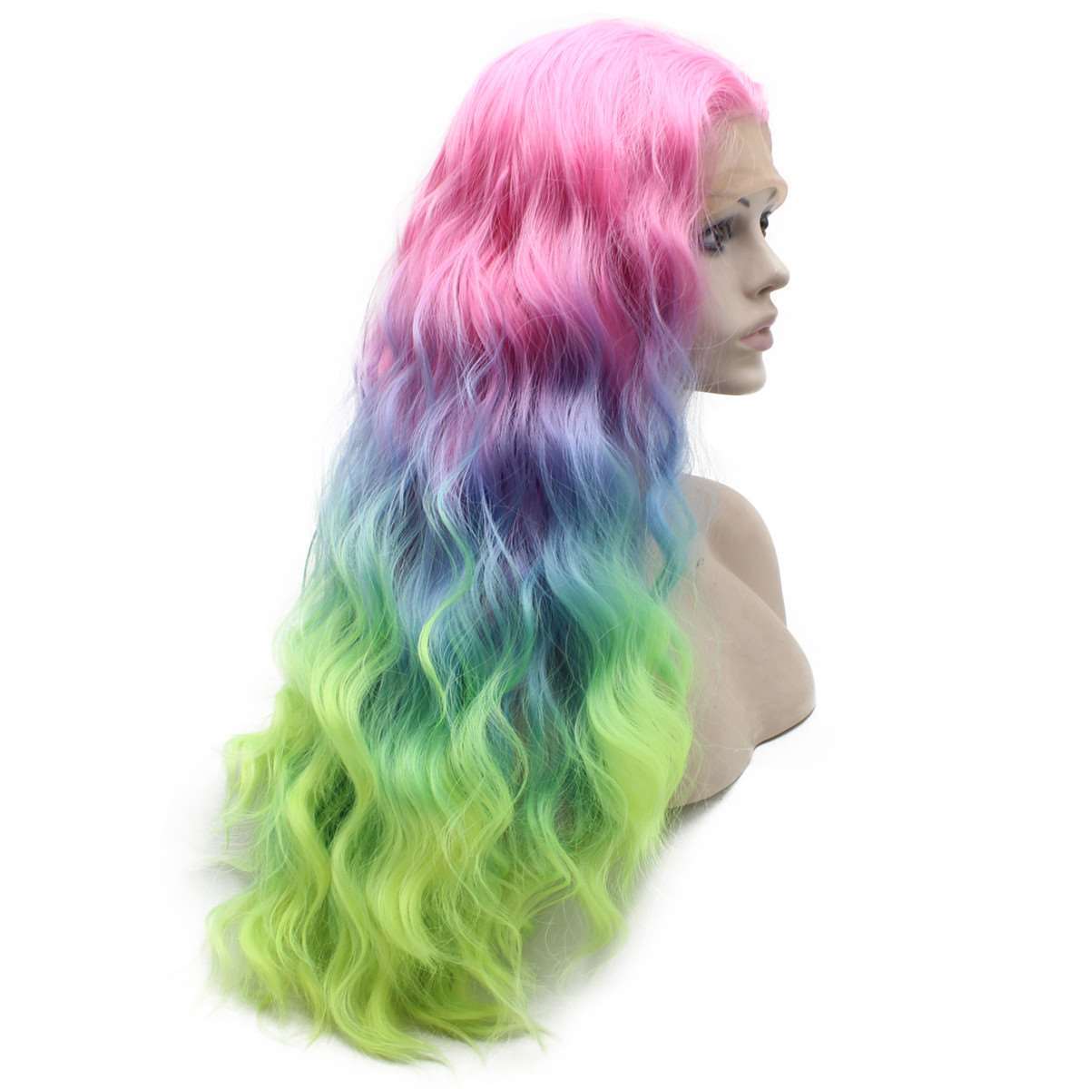 Long Wavy Pink Green Blue Mix Synthetic Lace Front Rainbow Color Wig ...