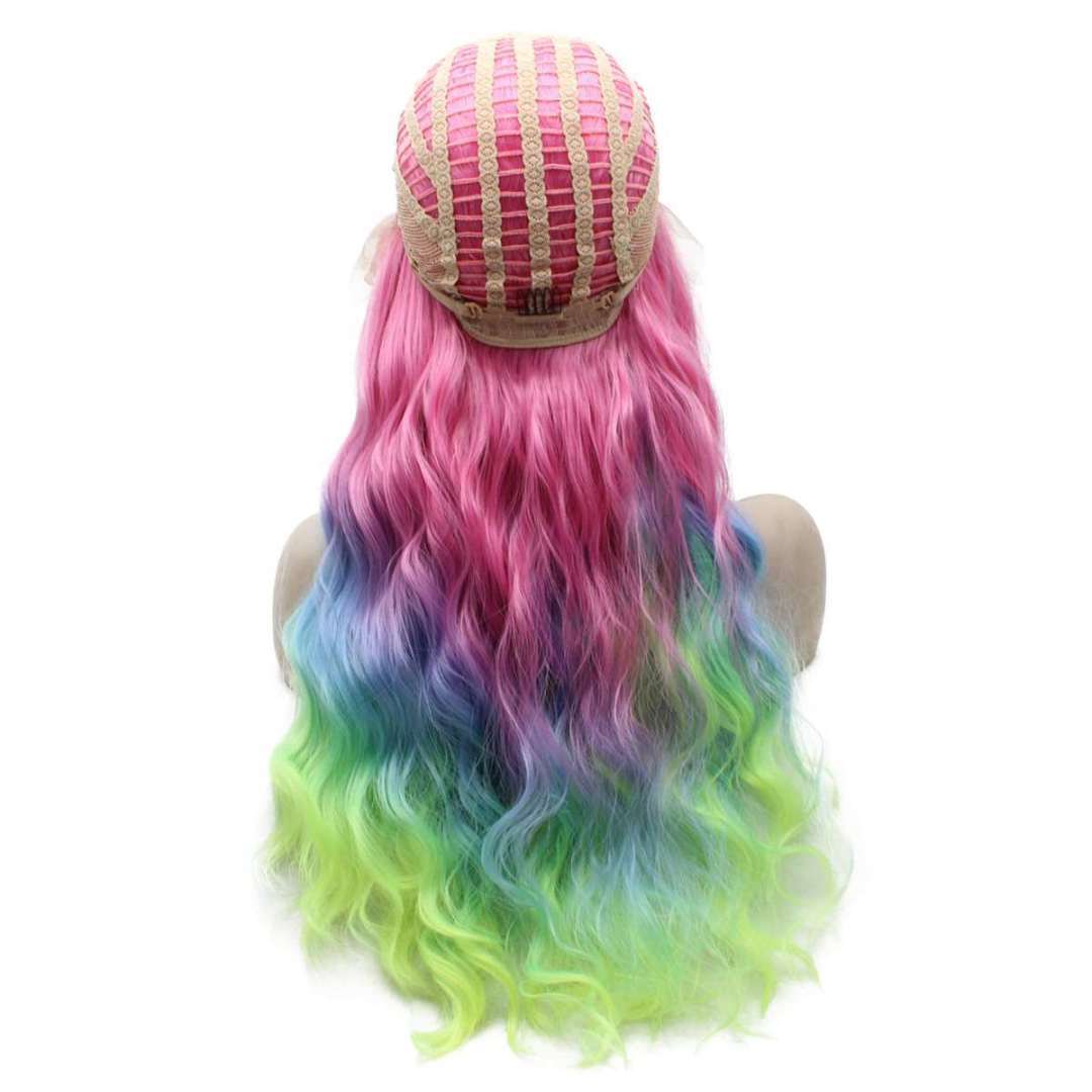 Long Wavy Pink Green Blue Mix Synthetic Lace Front Rainbow Color Wig ...