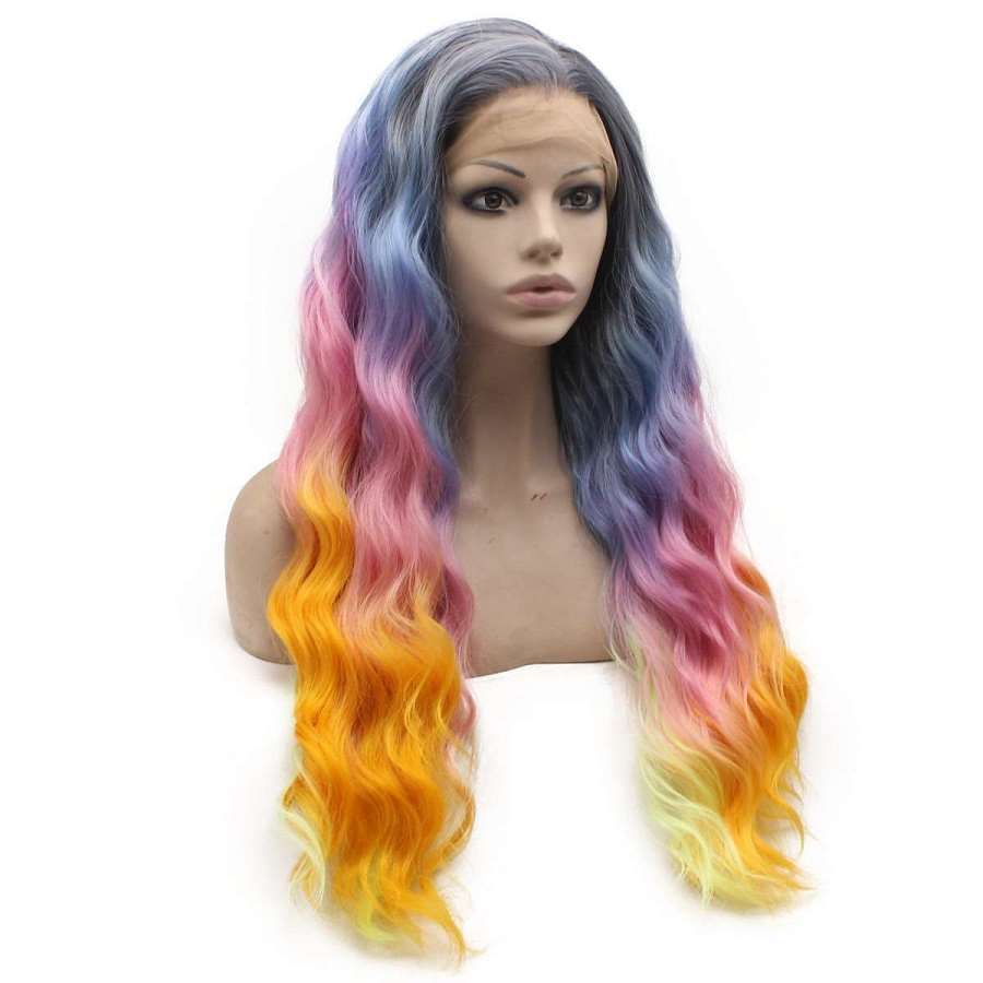 Long Wavy Dark Roots Blue Pink Orange Mix Synthetic Lace Front Rainbow ...