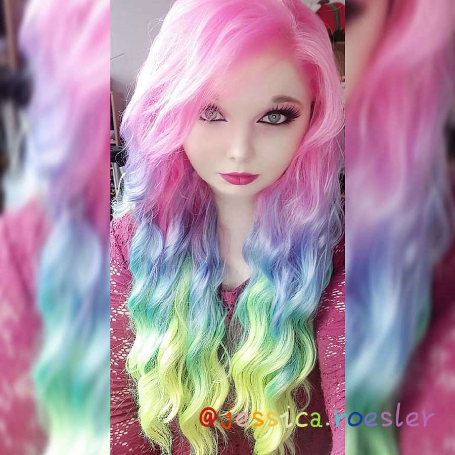 Long Wavy Pink Green Blue Mix Synthetic Lace Front Rainbow Color Wig ...