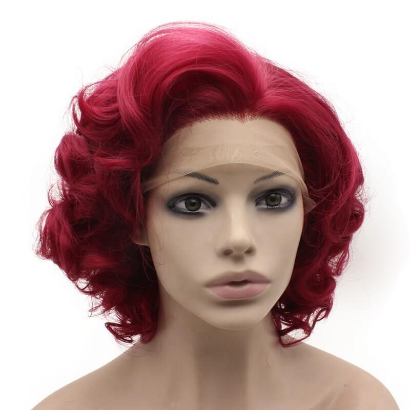 Short Curly Synthetic Wine Burgundy Red Lace Front Wigs | Iwonawig