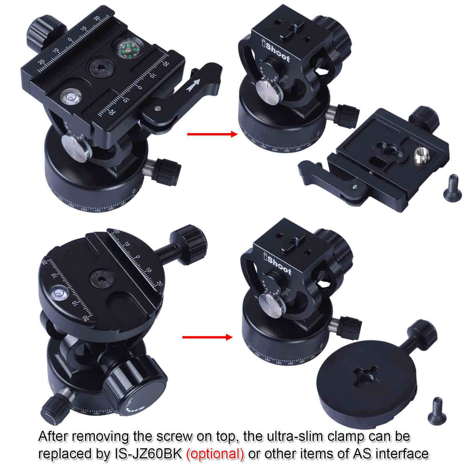 2D 360° Panning Clamp Ball Head for Arca Camera Quick Release Plate