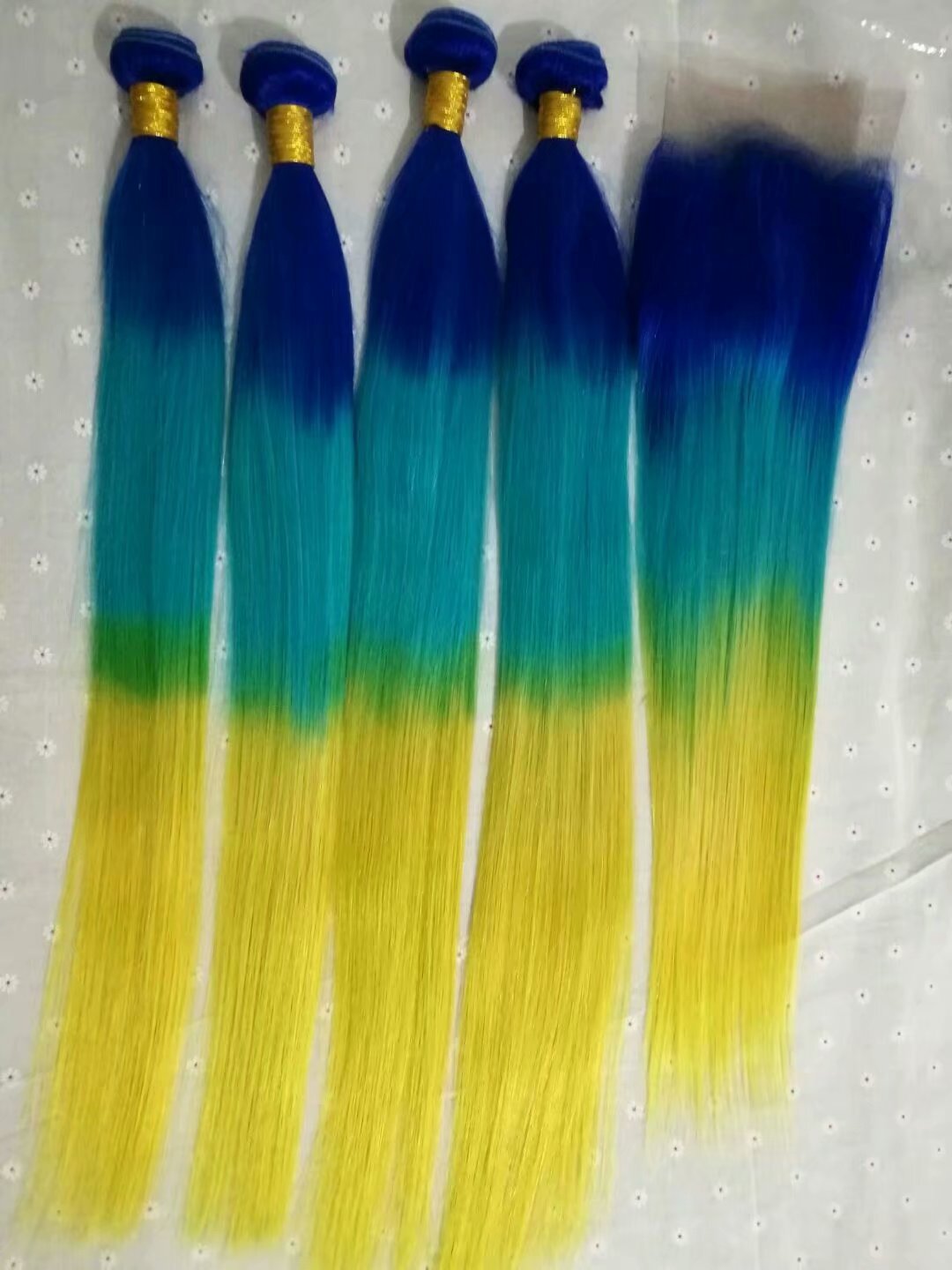 Blue/Light Blue/Yellow Remy Hair Ombre Hair Bundles With Lace Closure