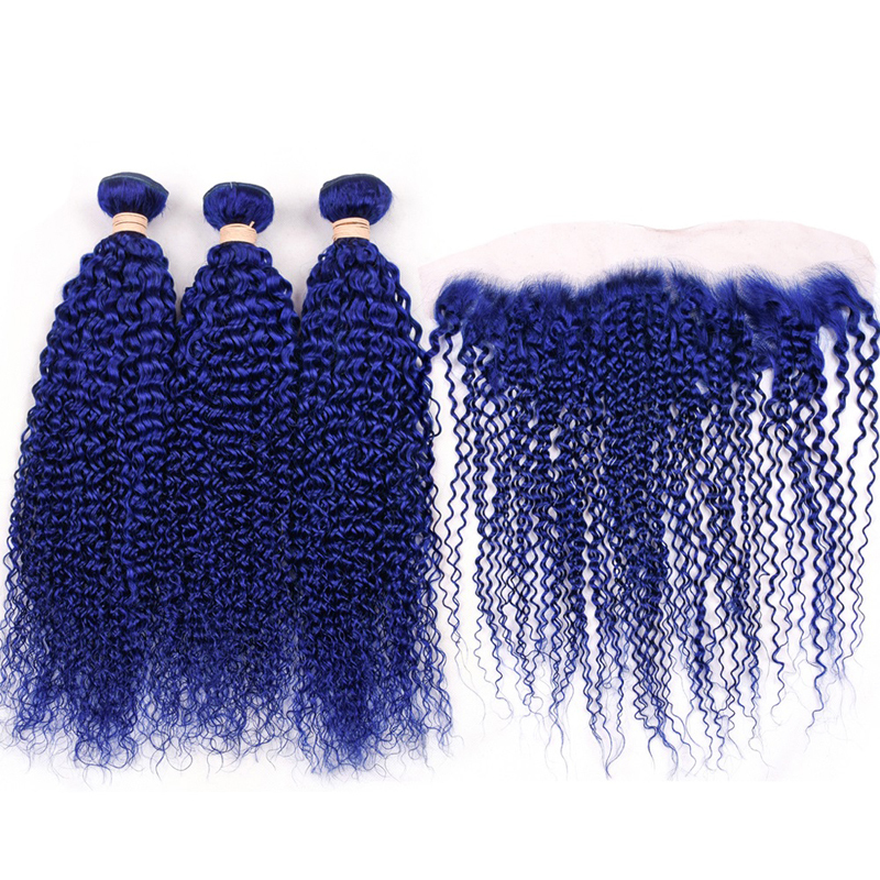 Blue/Light Blue/Yellow Remy Human Hair Weave With Lace Frontal Closure