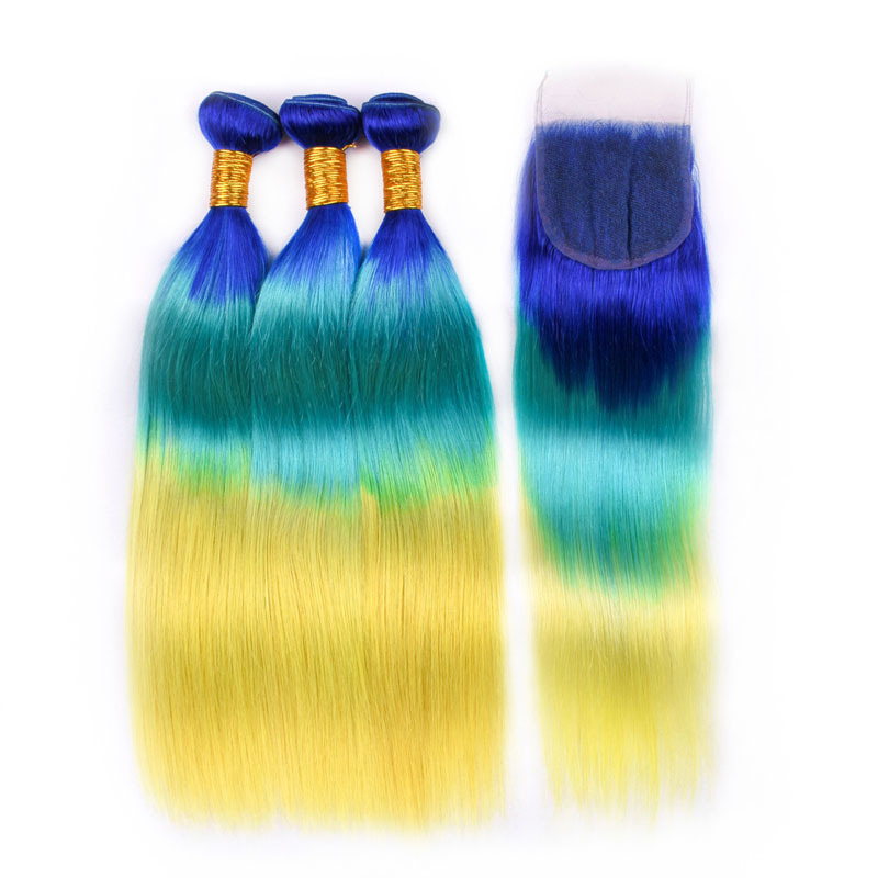 Blue/Light Blue/Yellow Remy Hair Ombre Hair Bundles With Lace Closure