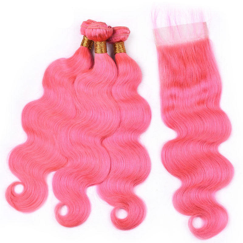 Body Wave Pink Hair Bundles With Lace Closure 4X4,Remy Hair Weaves