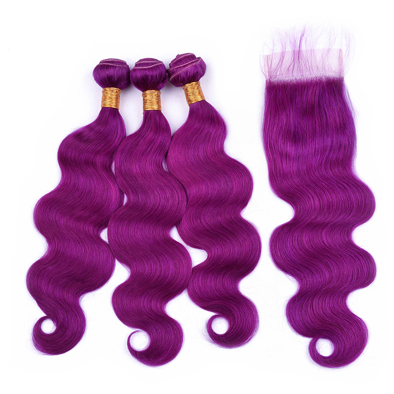 1B/Purple Body Wave Remy Human Hair Ombre Hair Bundles With Closure