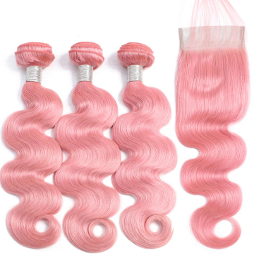 Body Wave Pink Hair Bundles With Lace Closure 4X4,Remy Hair Weaves