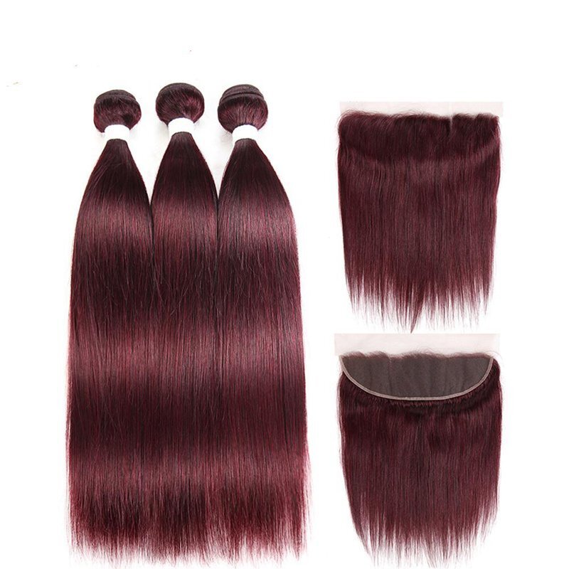 T 1B/99J Two Tone Straight Remy Human Hair Weave With Lace Frontal