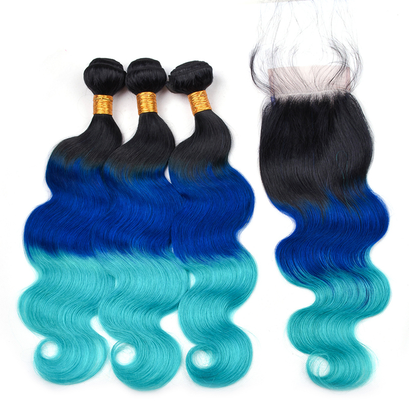 1B/Blue/Light Blue Remy Hair Ombre Hair Bundles With Lace Closure