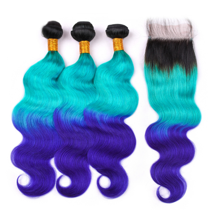 1B/Light Blue/Blue Body Wave Ombre Hair Bundles With Lace Closure