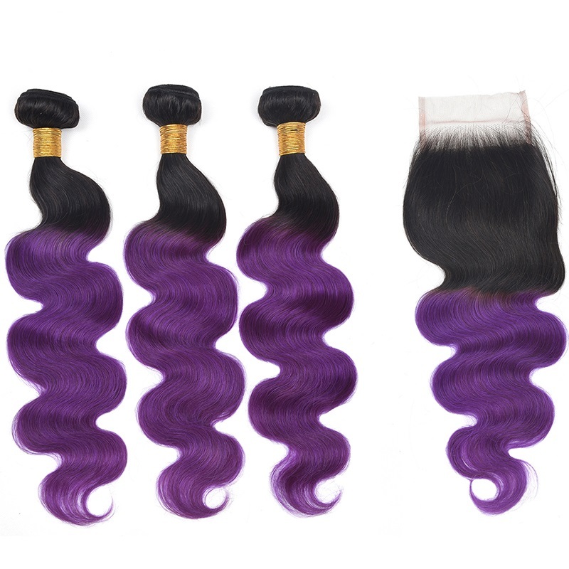 1B/Purple Body Wave Remy Human Hair Ombre Hair Bundles With Closure