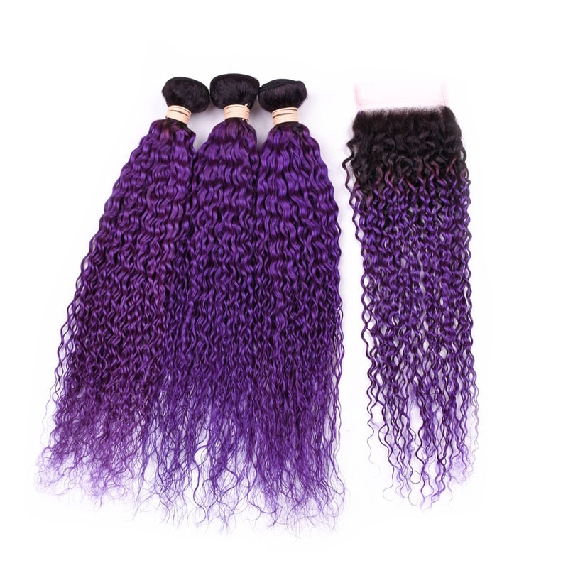 1B/Purple Remy Human Hair Ombre Hair Bundles With Lace Closure