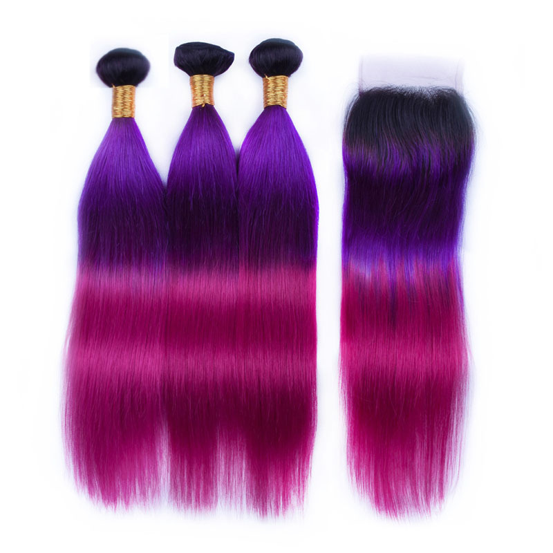 4/30 Straight Remy Human Hair Ombre Hair Bundles With Lace Closure
