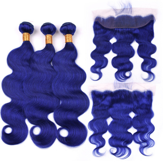 Pure Colored Blue Body Wave Remy Hair Weaves With Lace Frontal 13x4