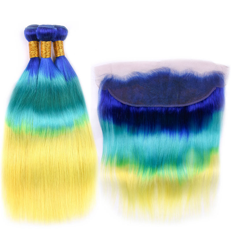 Ombre Colored Blue/Light Blue/Yellow Hair Weaves With Lace Frontal