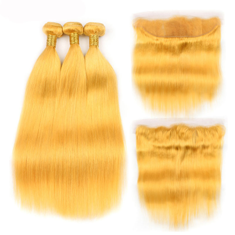 Blue/Light Blue/Yellow Remy Hair Ombre Hair Bundles With Lace Closure