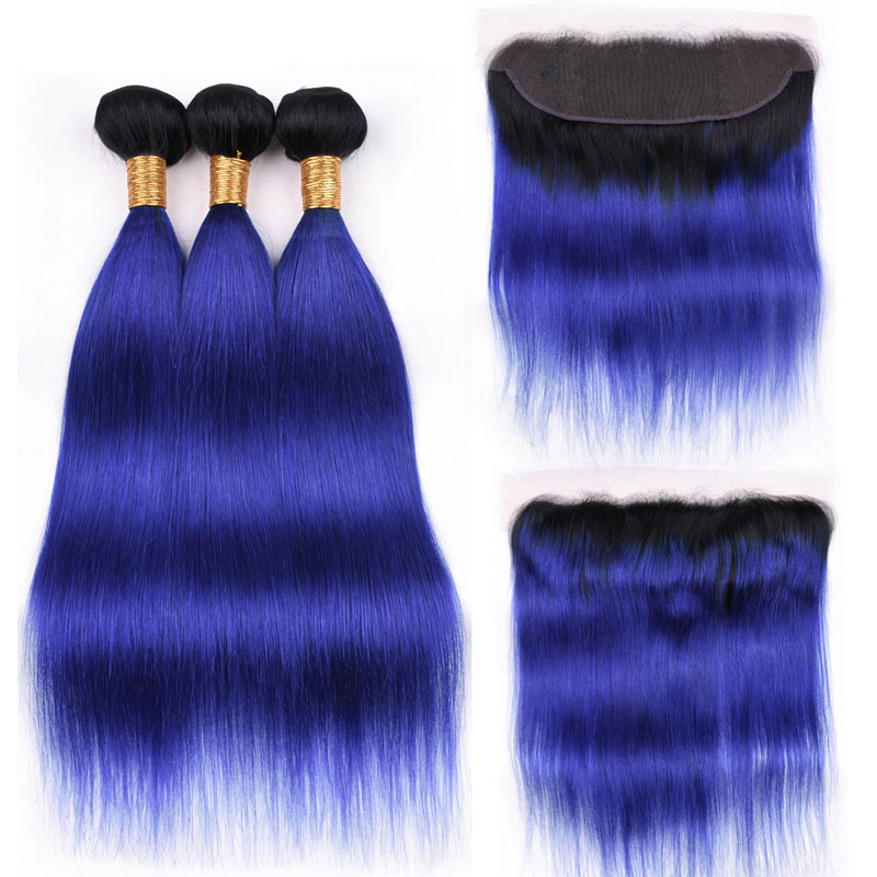 T 1B/Blue Kinky Curly Remy Human Hair Weave With Lace Frontal 13X4
