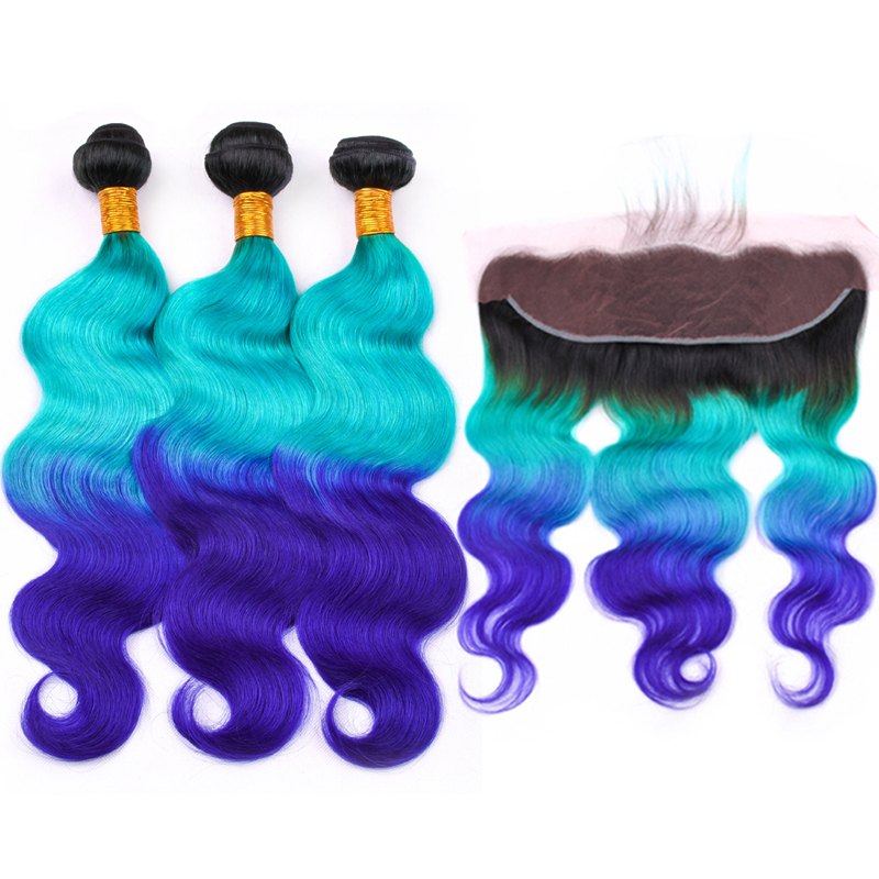 Ombre Colored T1B/Light Blue/Blue Body Wave Hair Weaves Lace Frontal