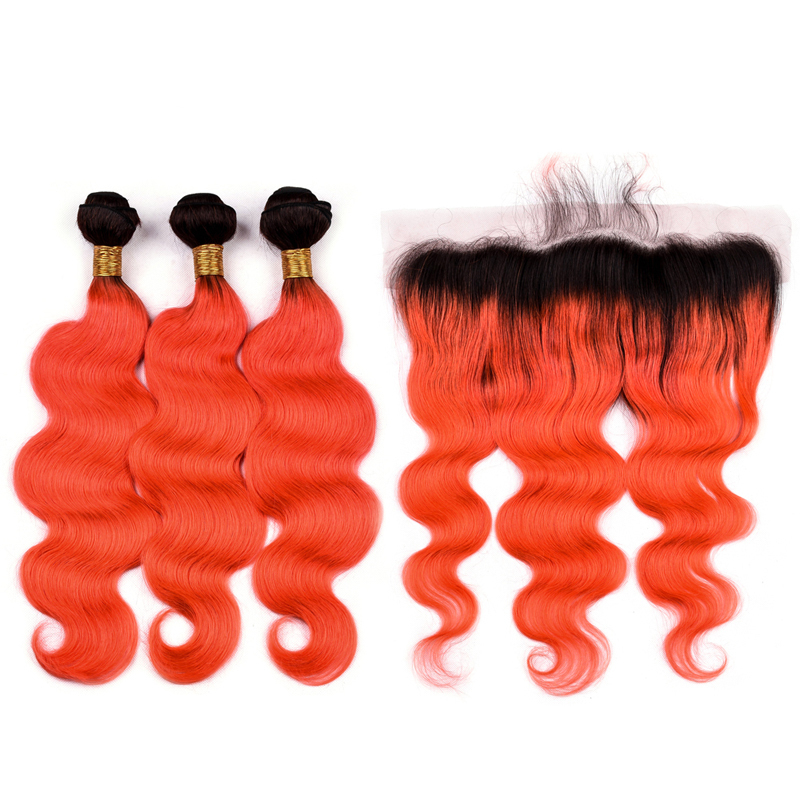 1B/Orange Red Ombre Body Wave Remy Human Hair Weave With Lace Frontal