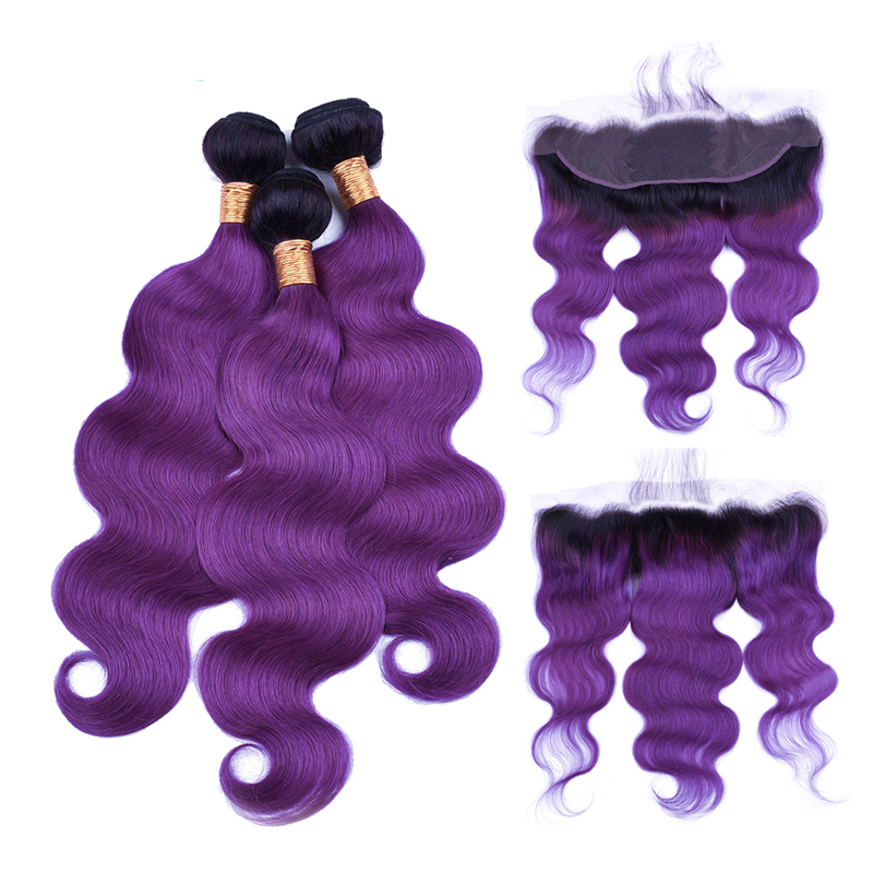 1B/Purple Body Wave Remy Human Hair Weave With Lace Frontal 13x4