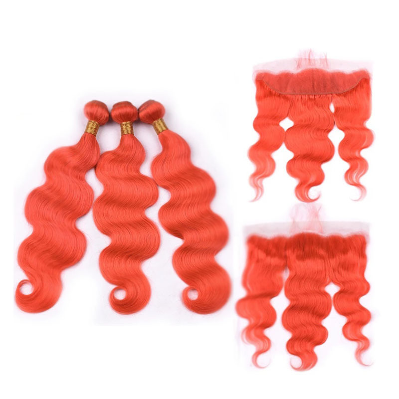 1B/Orange Red Ombre Body Wave Remy Human Hair Weave With Lace Frontal