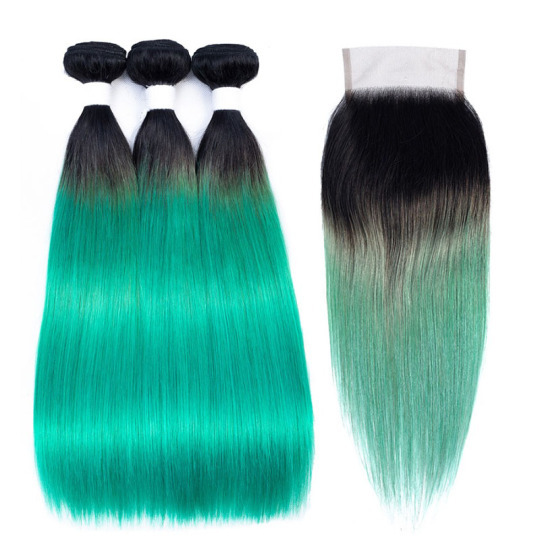 1B/Jade Green Straight Remy Ombre Hair Bundles With Lace Closure