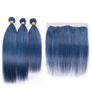 Pure Colored Blue Body Wave Remy Hair Weaves With Lace Frontal 13x4