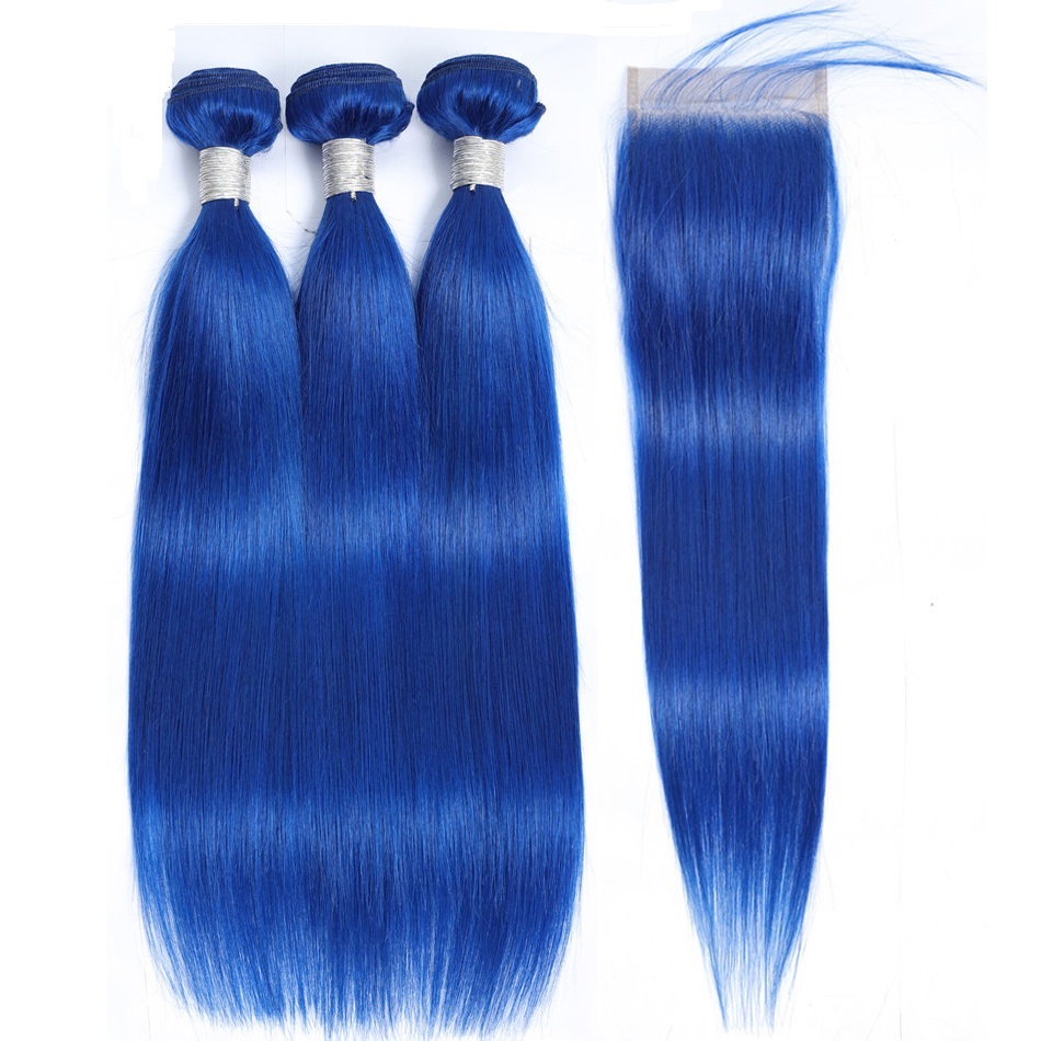 Straight Blue Hair Bundles With Lace Closure,Hair Weaves With Closure