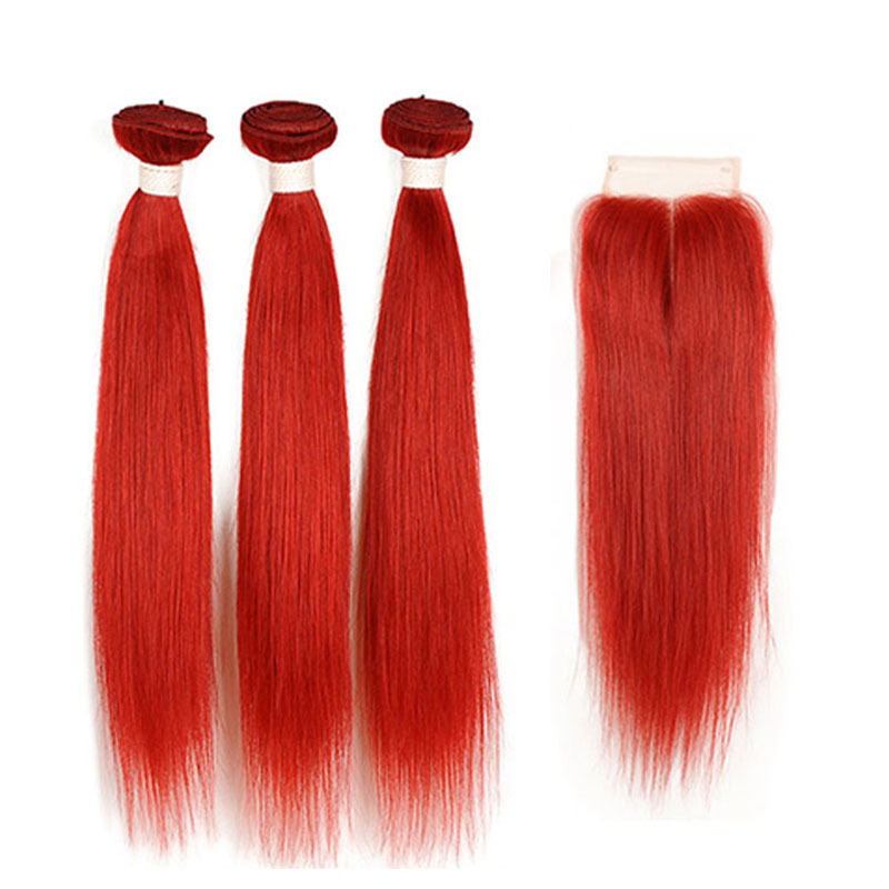 1B/Red Straight Remy Hair Ombre Hair Bundles With Lace Closure