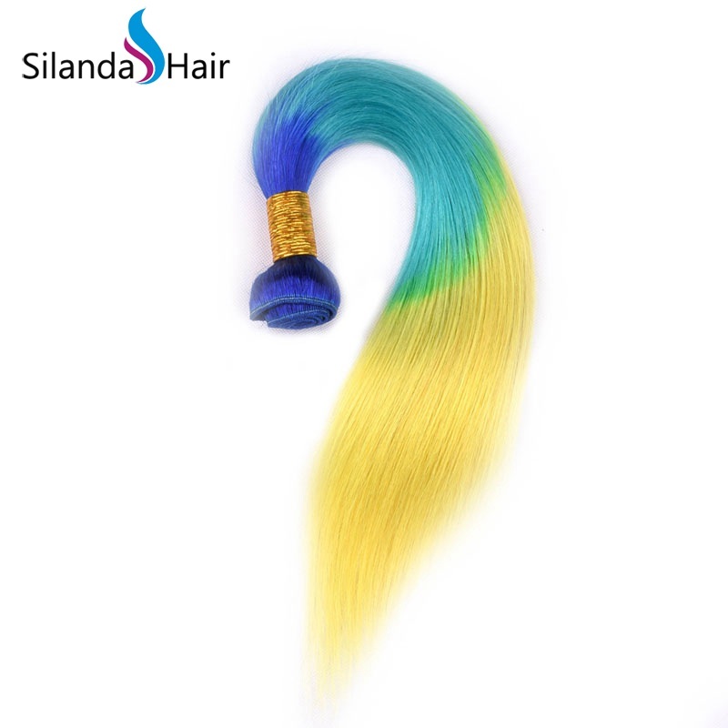 Ombre Colored Blue/Light Blue/Yellow Hair Weaves With Lace Frontal