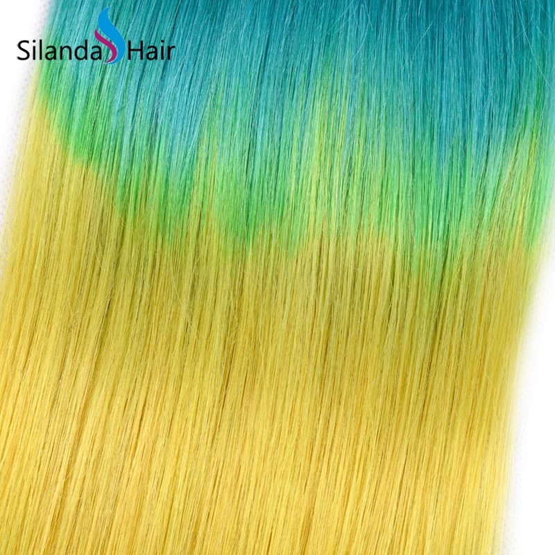 Ombre Colored Blue/Light Blue/Yellow Hair Weaves With Lace Frontal