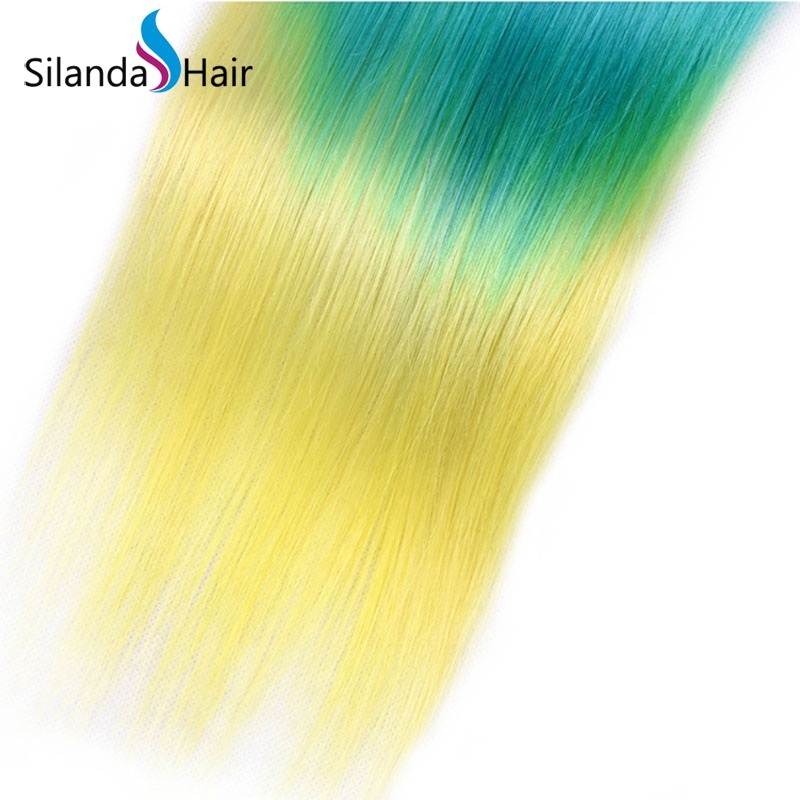 Ombre Colored Blue/Light Blue/Yellow Hair Weaves With Lace Frontal