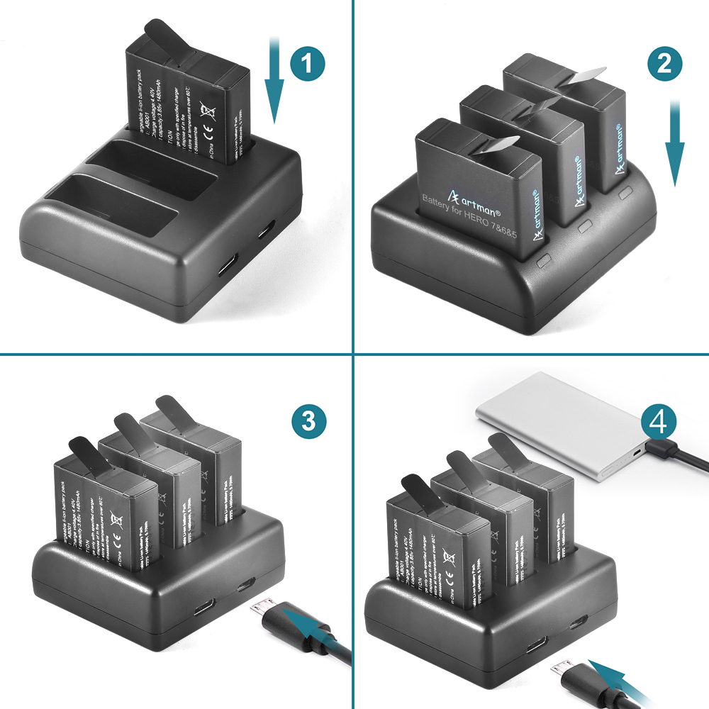 Artman Batteries (3 Pack) and 3-Channel LED USB Charger for GoPro Hero ...