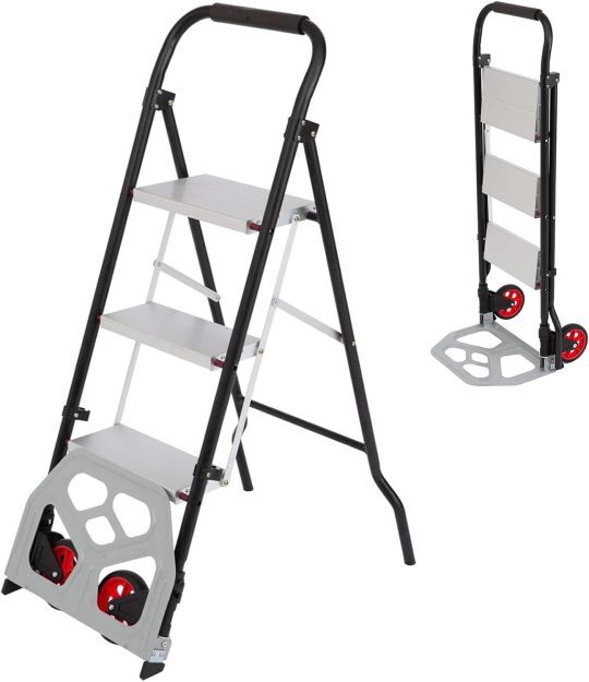 LEADALLWAY 3 Step Ladder Dolly Cart 2-in-1 Portable No-Slip Folding ...