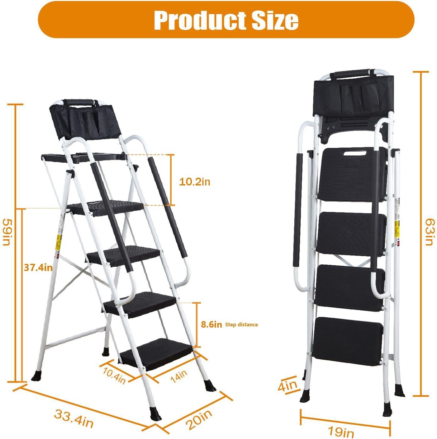 4 Step Ladder with Handrails Folding Step Stool Include Tool Tray Bag 330lbs Capacity A good helper for professional construction workers at Leadallway